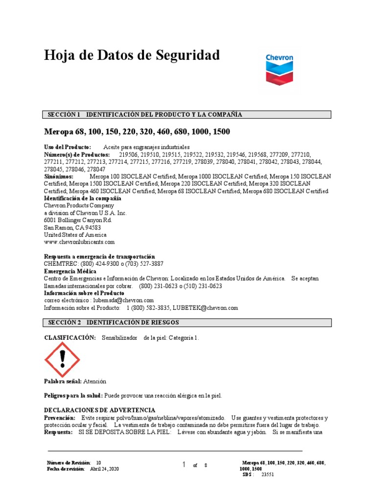MSDS Chevron Meropa 150 y 460 | PDF | Toxicidad | Solubilidad
