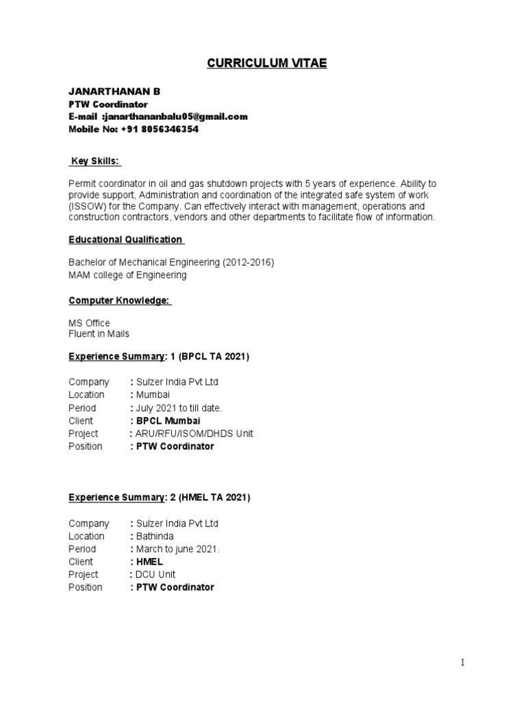 Curriculum Vitae: PTW Coordinator Mobile No: +91 8056346354 | PDF | Engineering