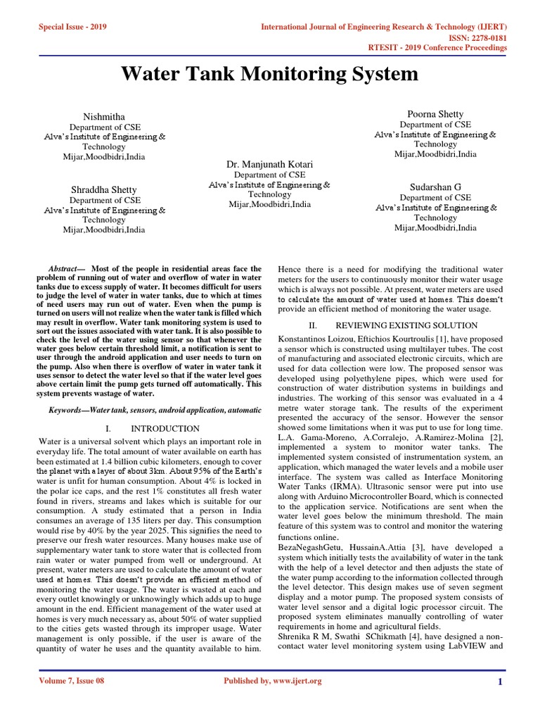 Water Tank Monitoring System IJERTCONV7IS08030 | PDF | Water | Internet ...