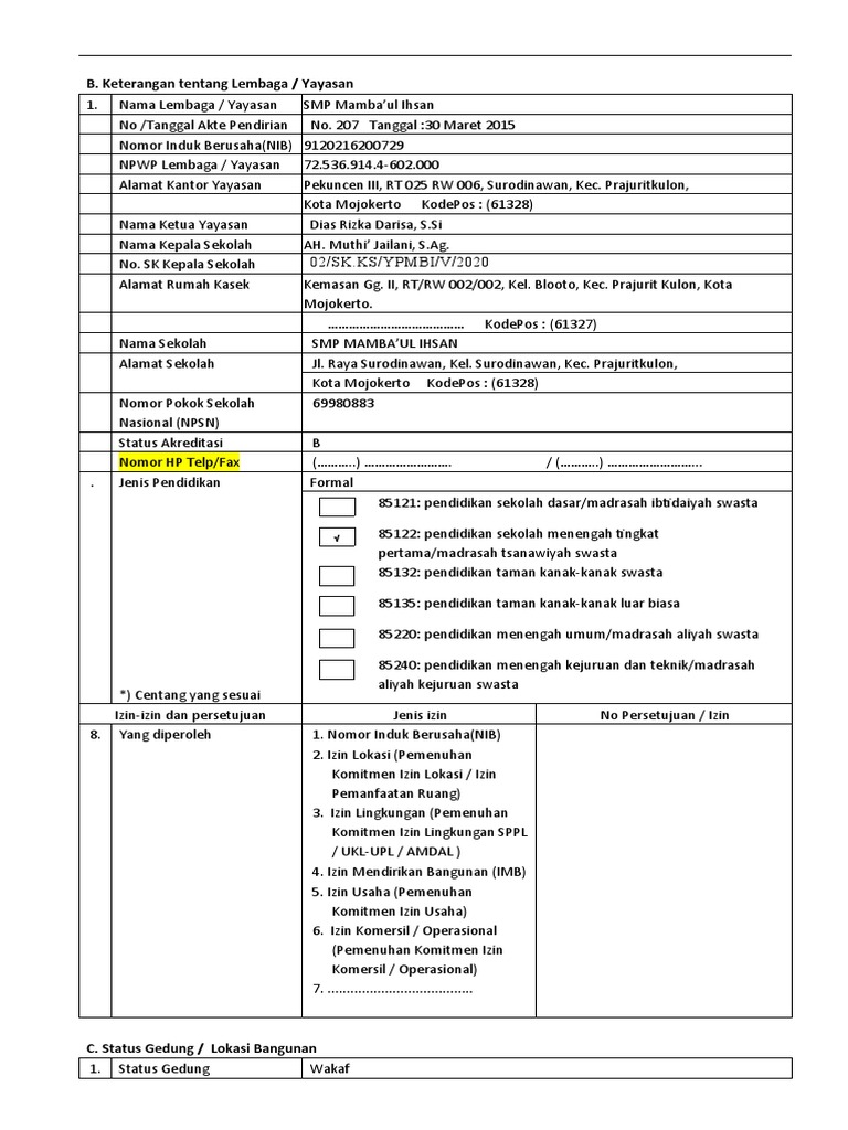 FORM IZIN Operasional Sarpras | PDF