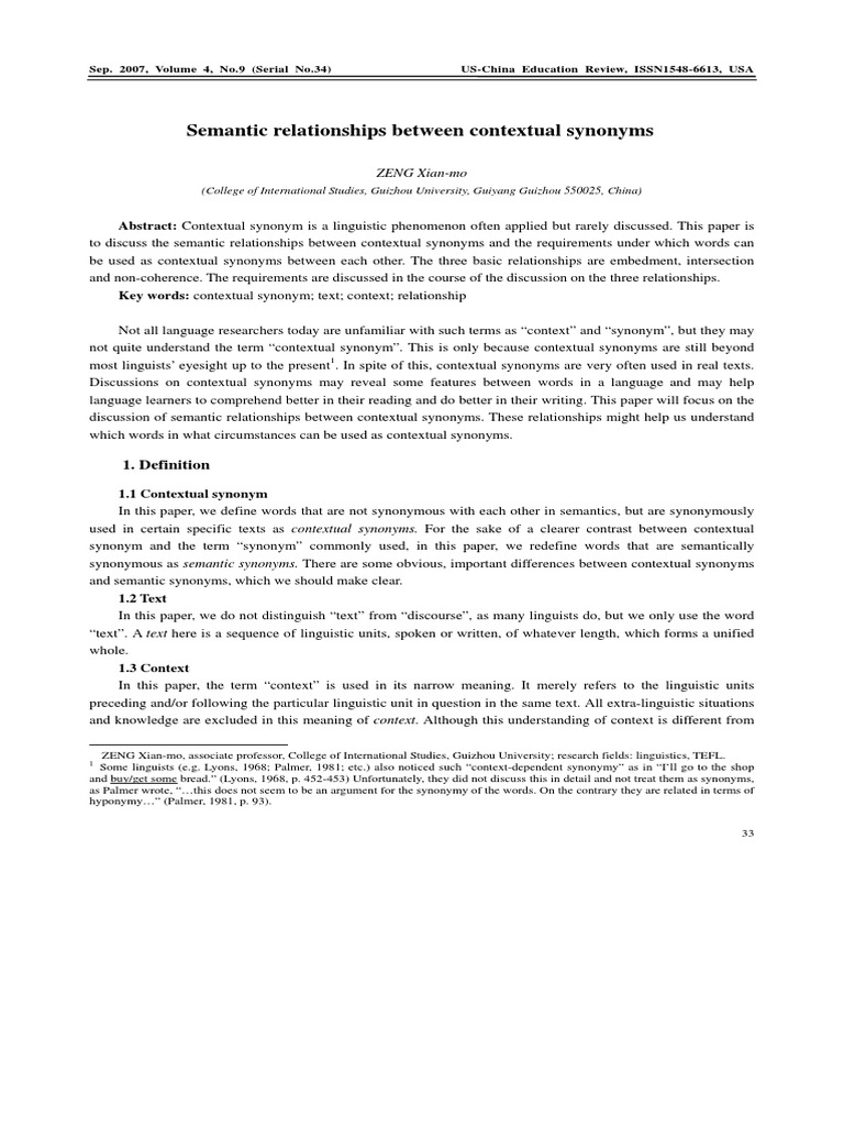 Semantic Relationships Between Contextual Synonyms | PDF | Cognitive Science | Linguistics