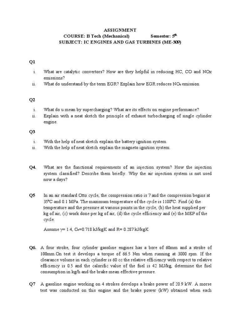 Assignment COURSE: B Tech (Mechanical) Semester: 5 Subject: Ic Engines and Gas Turbines | PDF ...