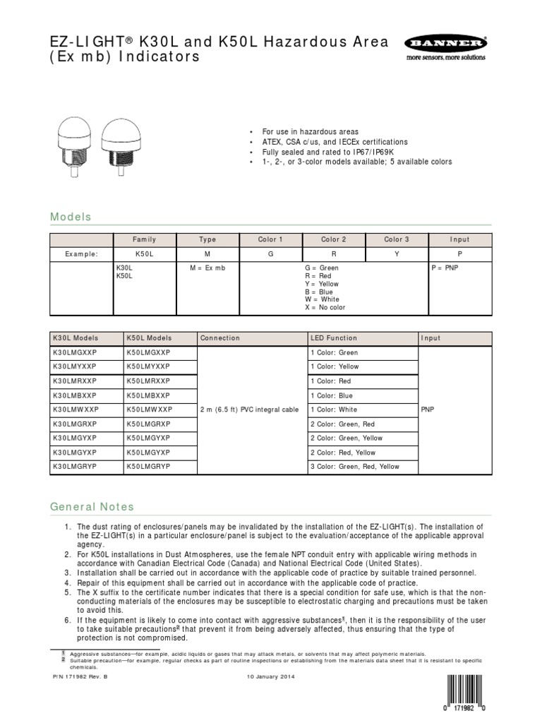 Banner Lighting EZ-Light K30L Hazardous Area | PDF | Legal Liability ...