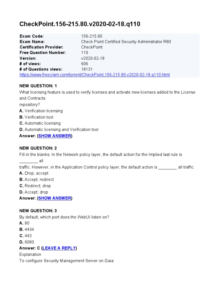Check Point R80 Exam Questions Overview | PDF | Computer Network ...
