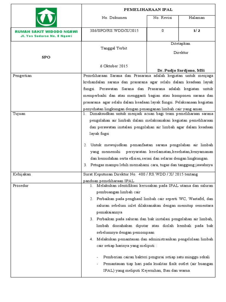SPO Pemeliharaan Ipal | PDF