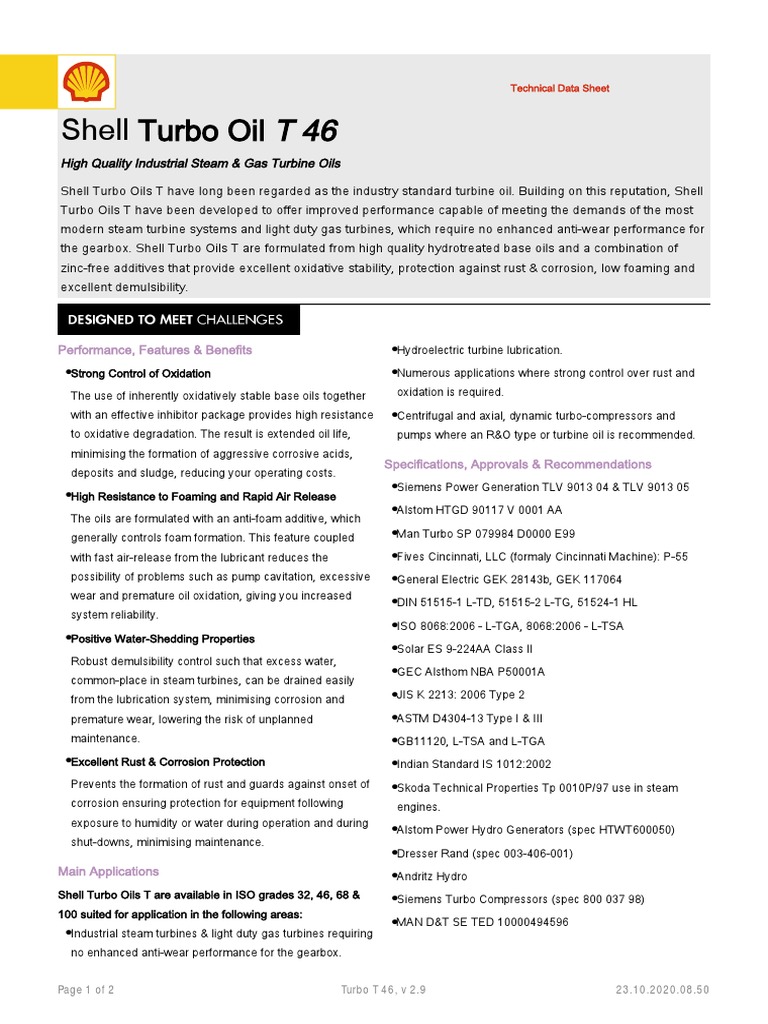 Shell Turbo Oil T 46 | PDF | Motor Oil | Lubricant