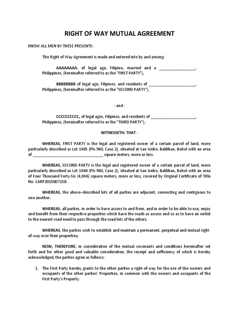 MUTUAL RIGHT OF WAY AGREEMENT Format | PDF | Civil Law (Legal System ...