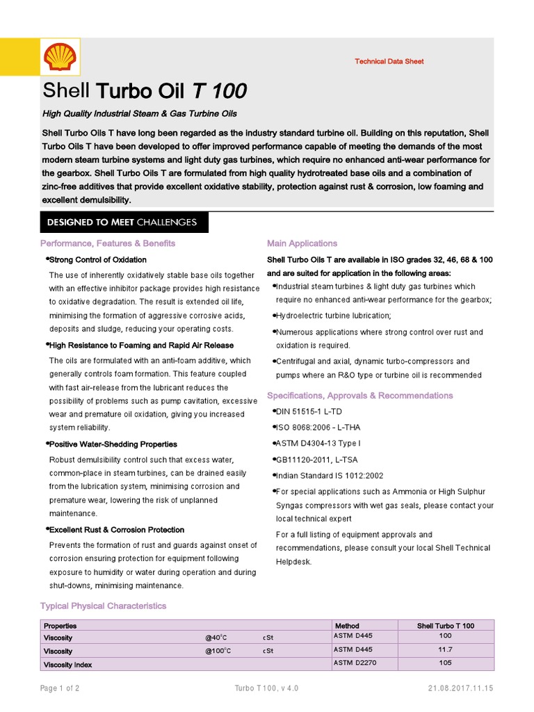 Shell Turbo Oil T 100 | PDF | Motor Oil | Lubricant