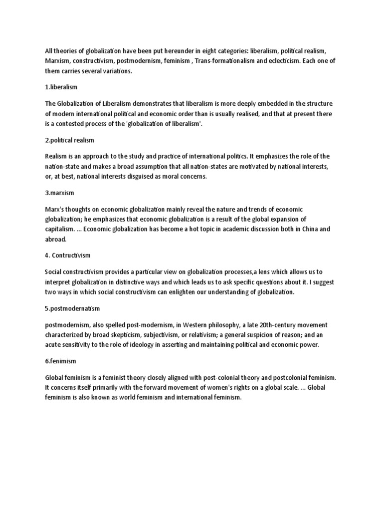8 Theories of Globalization | PDF | Postmodernism | Gender Studies
