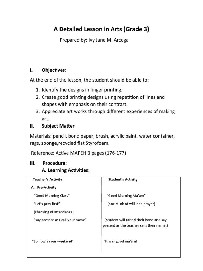 A Detailed Lesson Plan in Arts FINALS | Download Free PDF | Lesson Plan ...