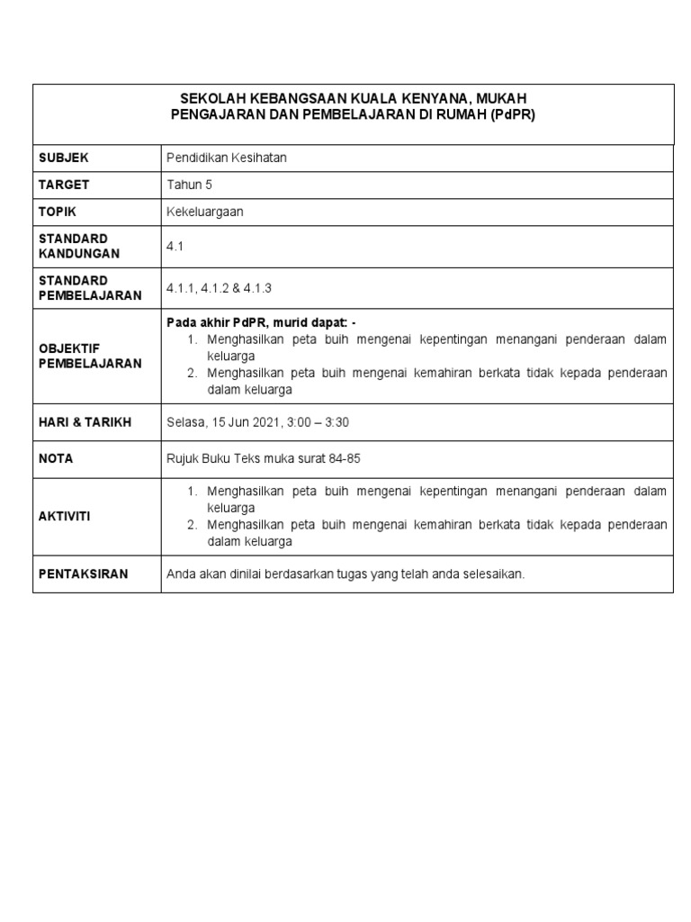 Pendidikan Kesihatan Tahun 5 (PDPR) | PDF