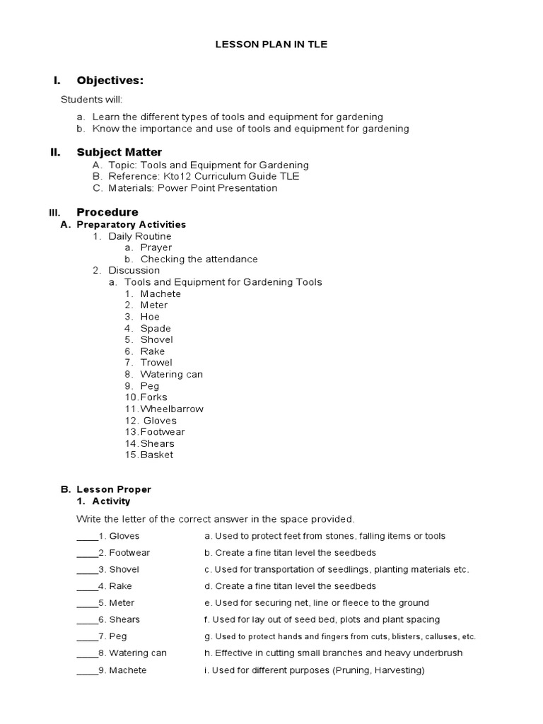 Lesson Plan in TLE | PDF | Tools | Botany