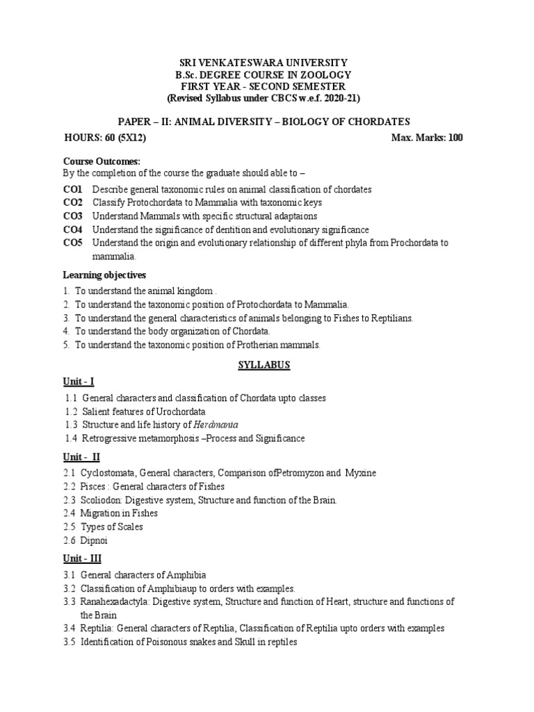 Animal Diversity - Biology of Chordates: Syllabus, Learning Objectives ...
