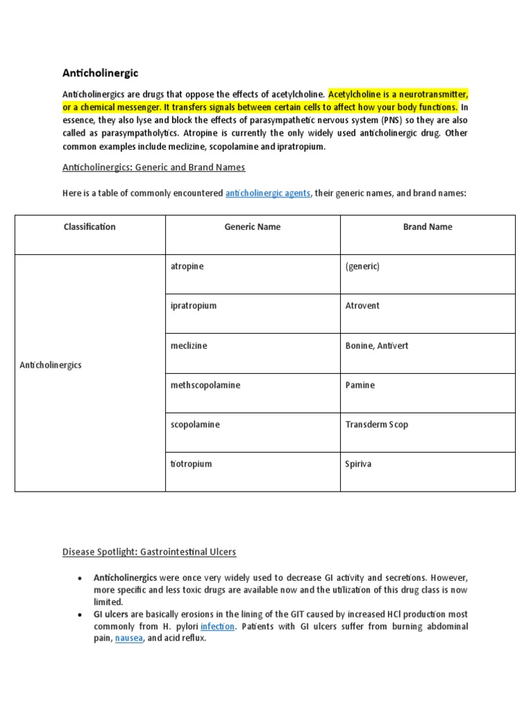 Anticholinergic: Anticholinergics: Generic and Brand Names | PDF ...