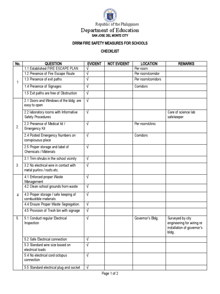 School Fire Safety Management Checklist MHHHS | PDF | Fire Safety ...