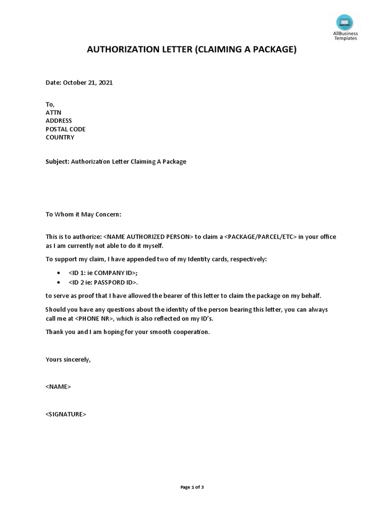 Authorization Letter for Package Claim | PDF