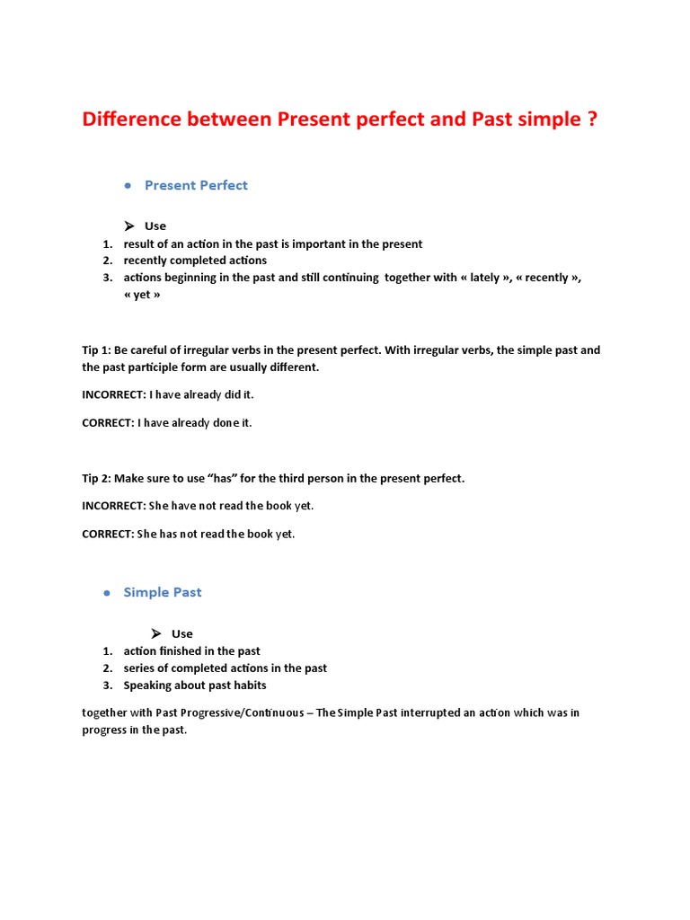 Difference Between Present Perfect and Past Simple | PDF | Grammatical ...