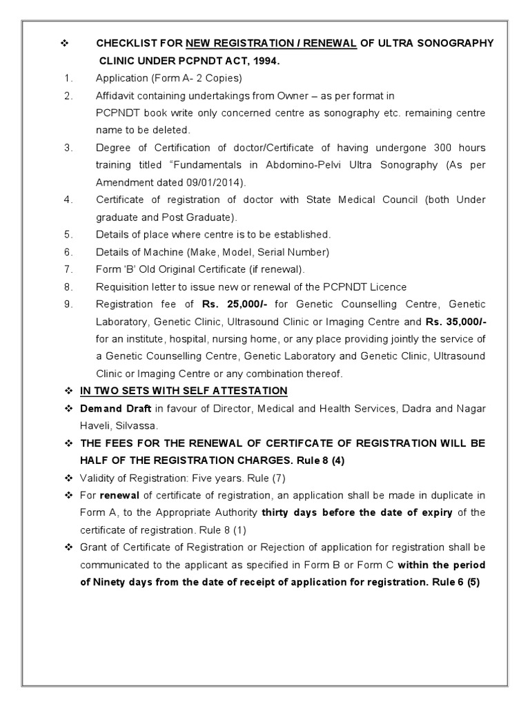 Documents and Fees Required For Registration of USG Clinic Under PCPNDT ...