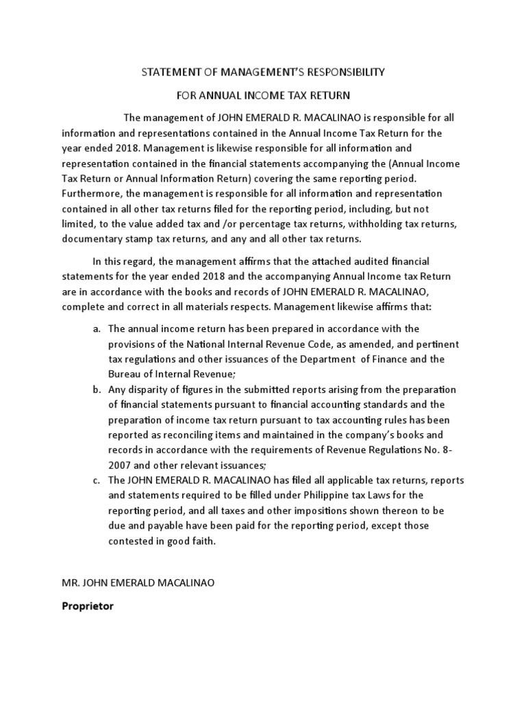 Tax Return Responsibility Statement | PDF | Tax Return (United States ...