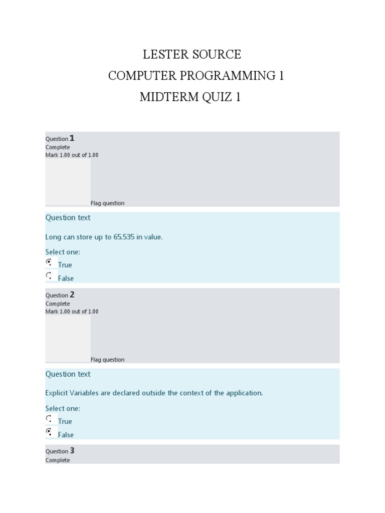 Lester Source Computer Programming 1 Midterm Quiz 1: Question Text | PDF