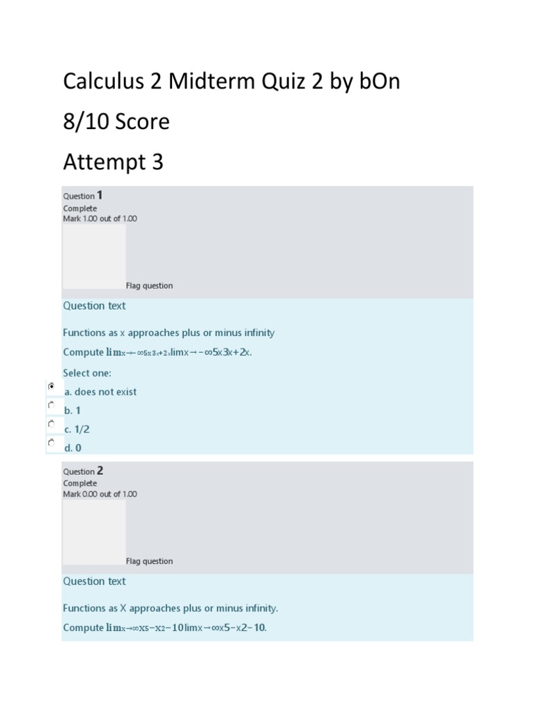 Calculus 2 Midterm Quiz Solutions | PDF | Derivative | Function ...
