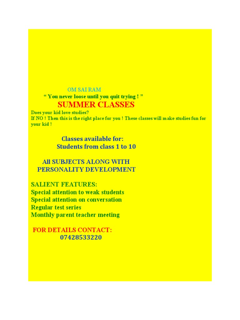 Summer Classes: Classes Available For: Students From Class 1 To 10 All ...