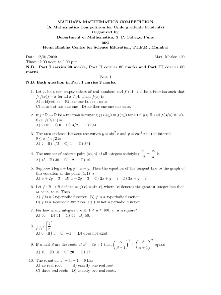 Madhava Paper 2020 | PDF | Mathematics | Mathematical Concepts