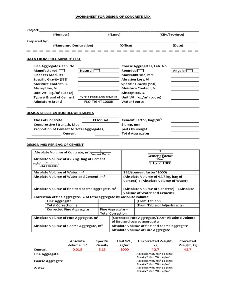 Worksheet For Design of Concrete Mix: Type 1 Portland Cement | PDF ...