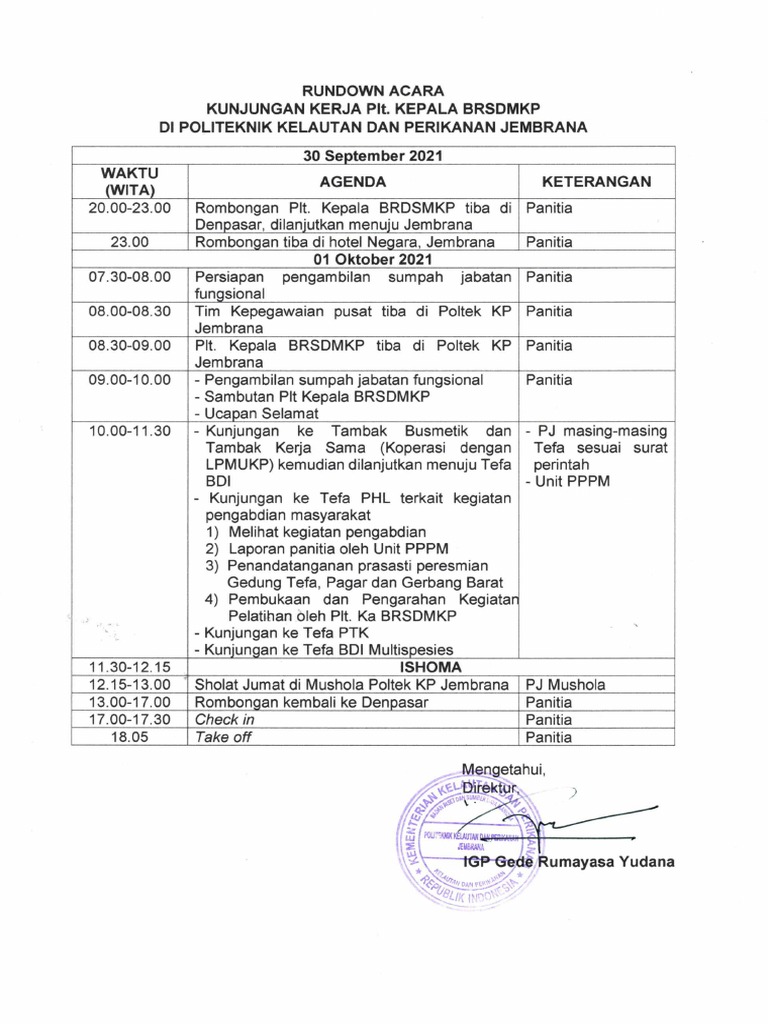 Rundown Acara Kunjungan Kerja Plt. Ka BRSDMKP | PDF