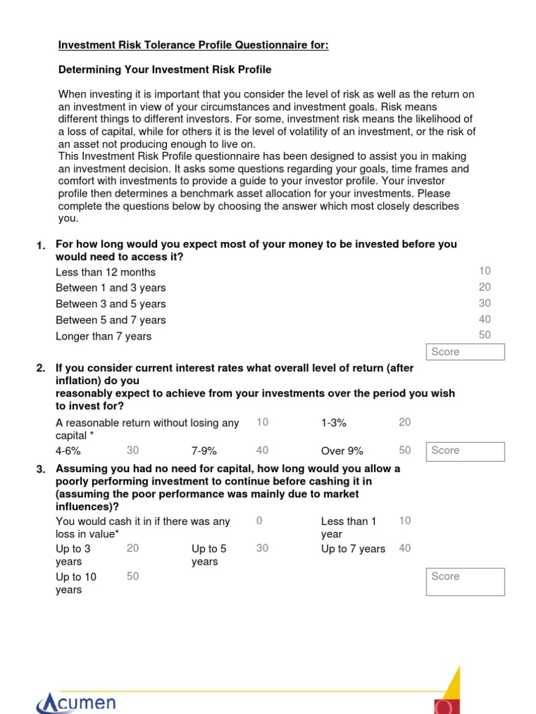 Investment Risk Tolerance Profile Questionnaire | Investor | Investing