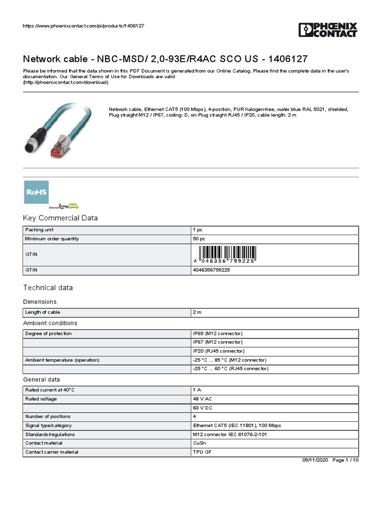 Network Cable - NBC-MSD/ 2,0-93E/R4AC SCO US - 1406127: Key Commercial ...