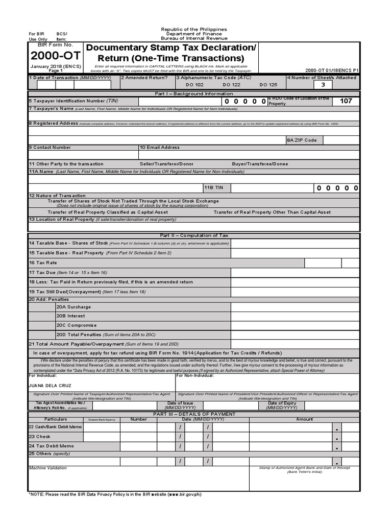 Documentary Stamp Tax BIR Form 200-OT | Download Free PDF | Taxes ...