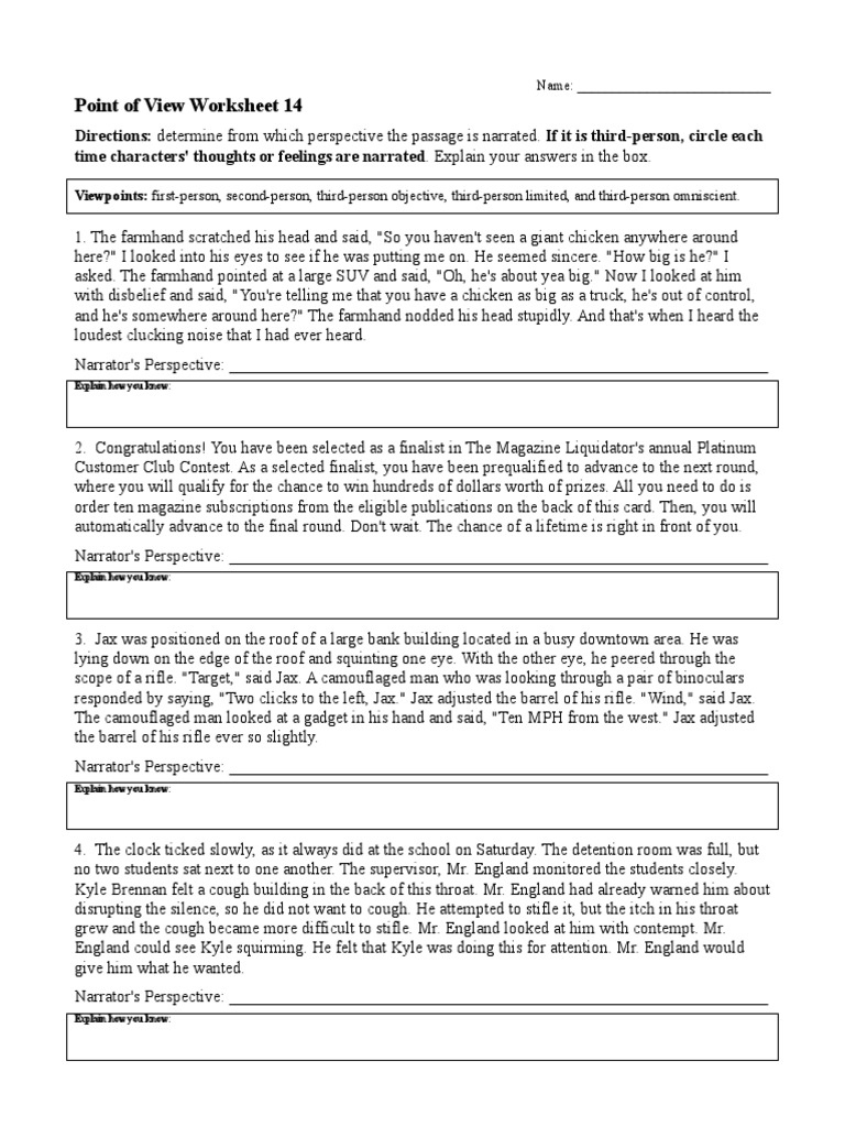 Point of View Worksheet 14 | PDF | Narration