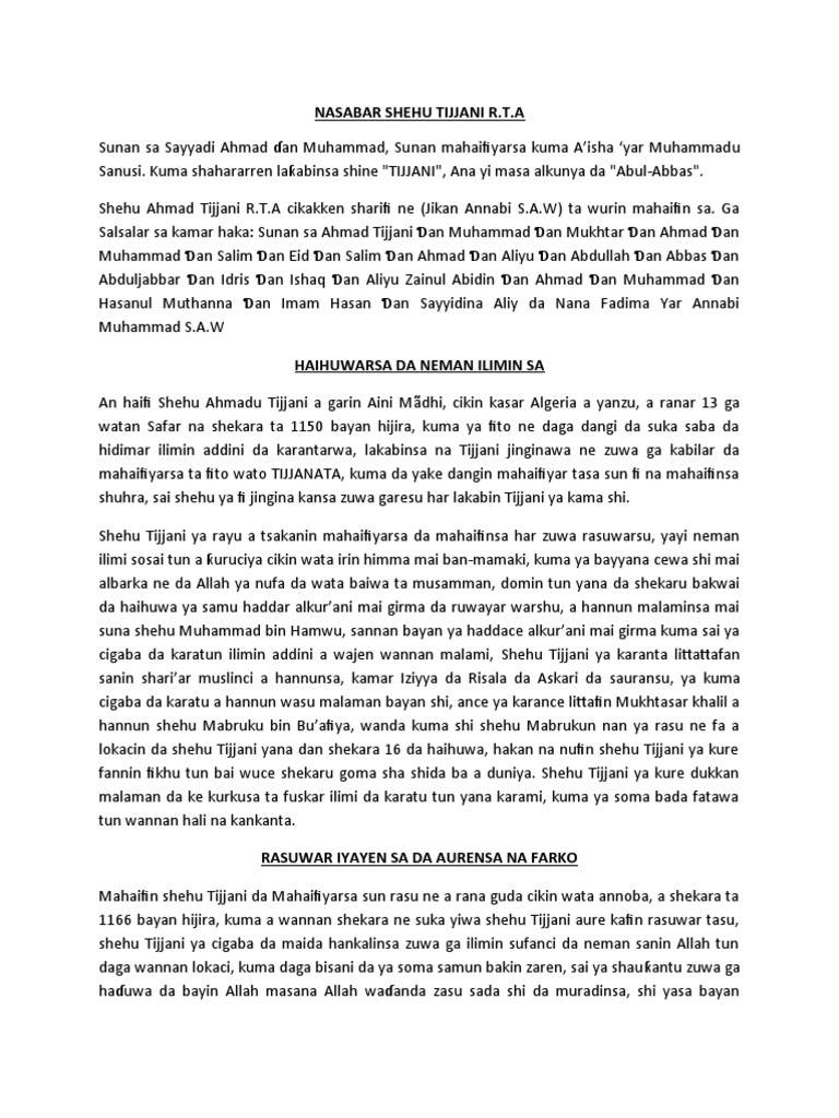 Tarihin Shehu Tijjani | PDF