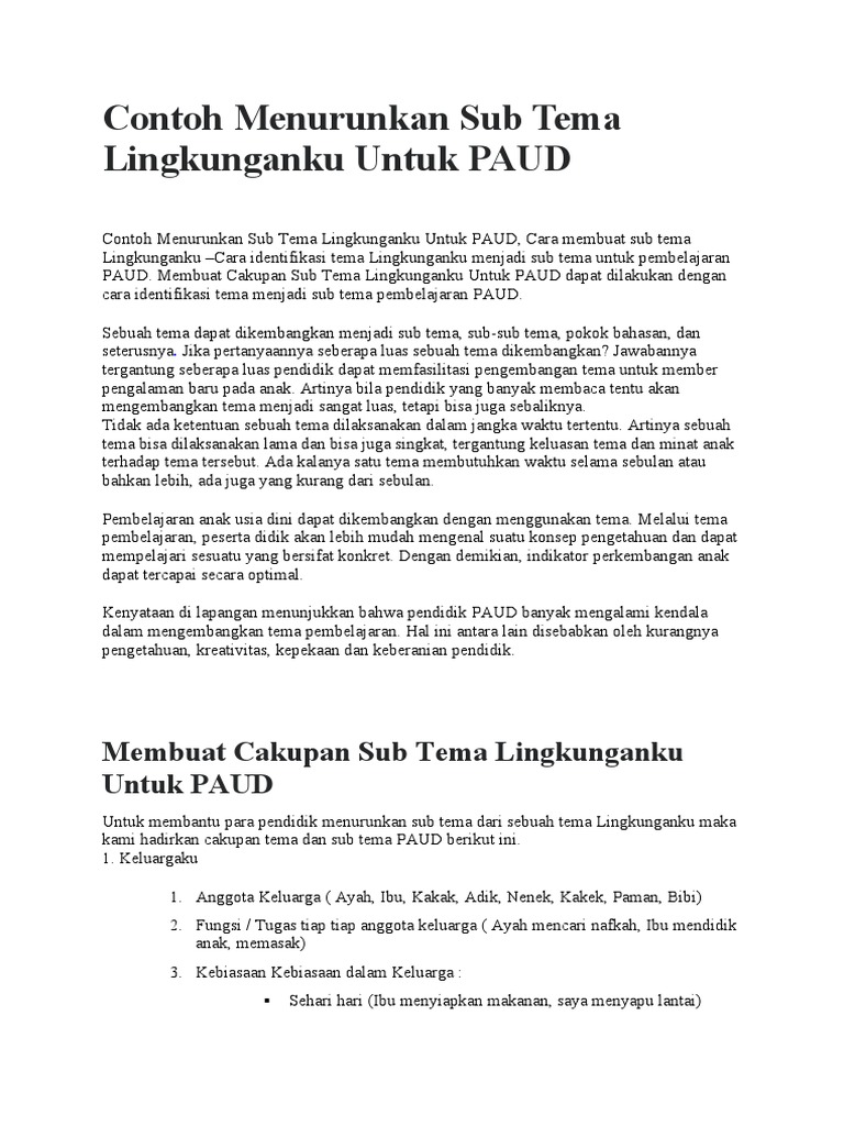 Menentukan Sub Tema "Menurunkan Sub Tema Lingkunganku Untuk PAUD" | PDF