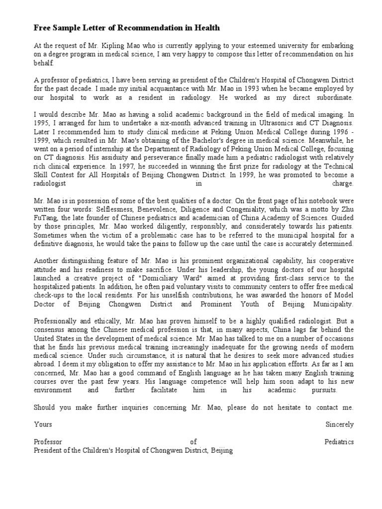 Free Sample Letter of Recommendation in Health, Scince and Engineering ...
