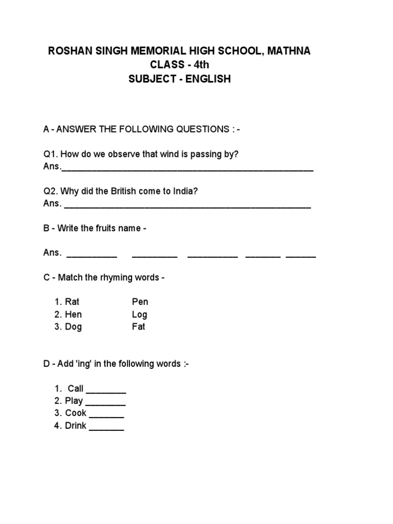 Class 4th English PDF