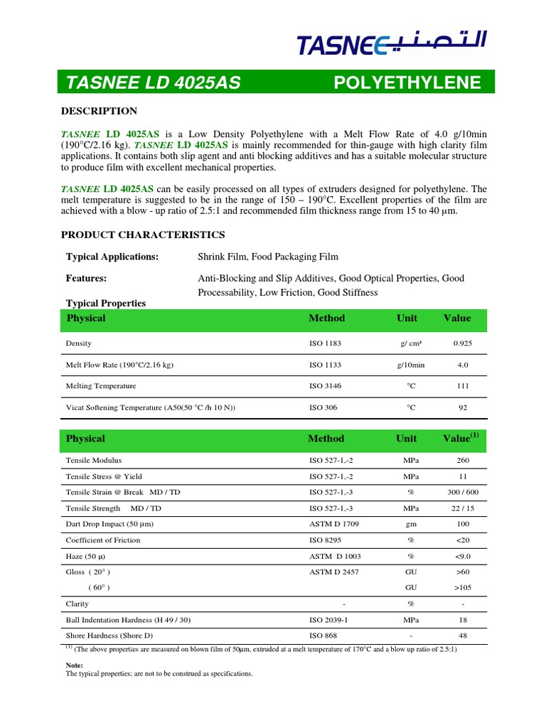 Tasnee LD 4025as Polyethylene: Description | PDF | Polyethylene | Strength Of Materials