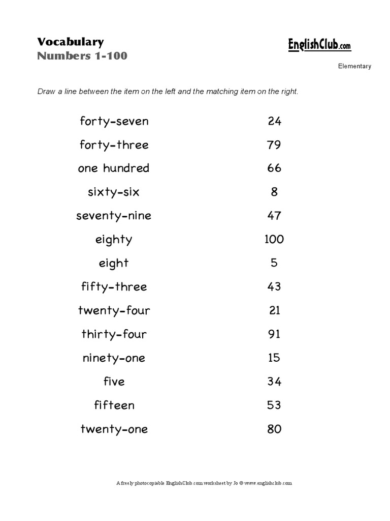 EC - Vocabulary Numbers 1 100 E - With KEY | PDF