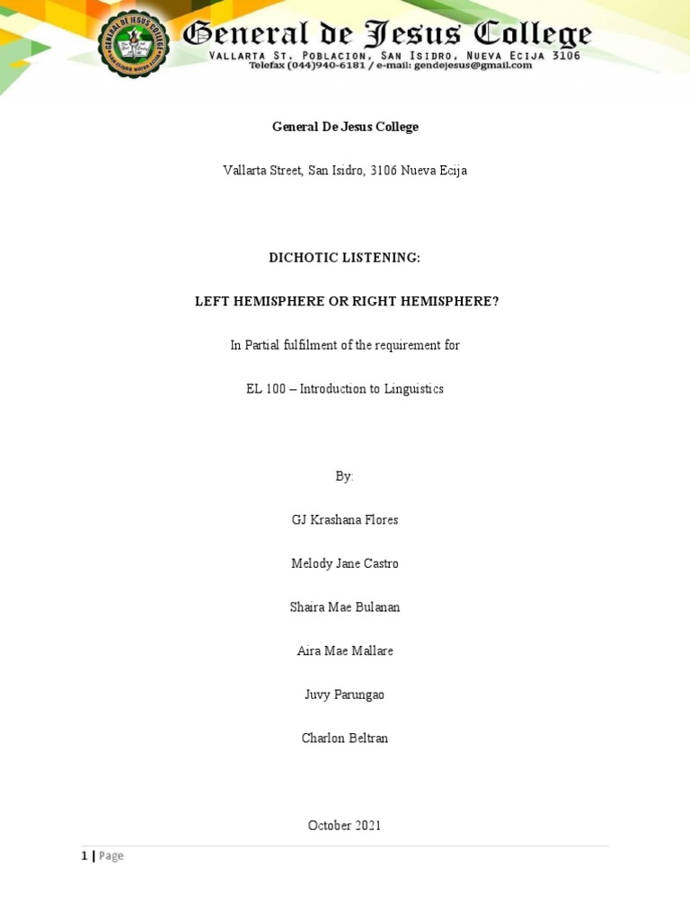 Dichotic Listening El 100 | PDF | Lateralization Of Brain Function ...