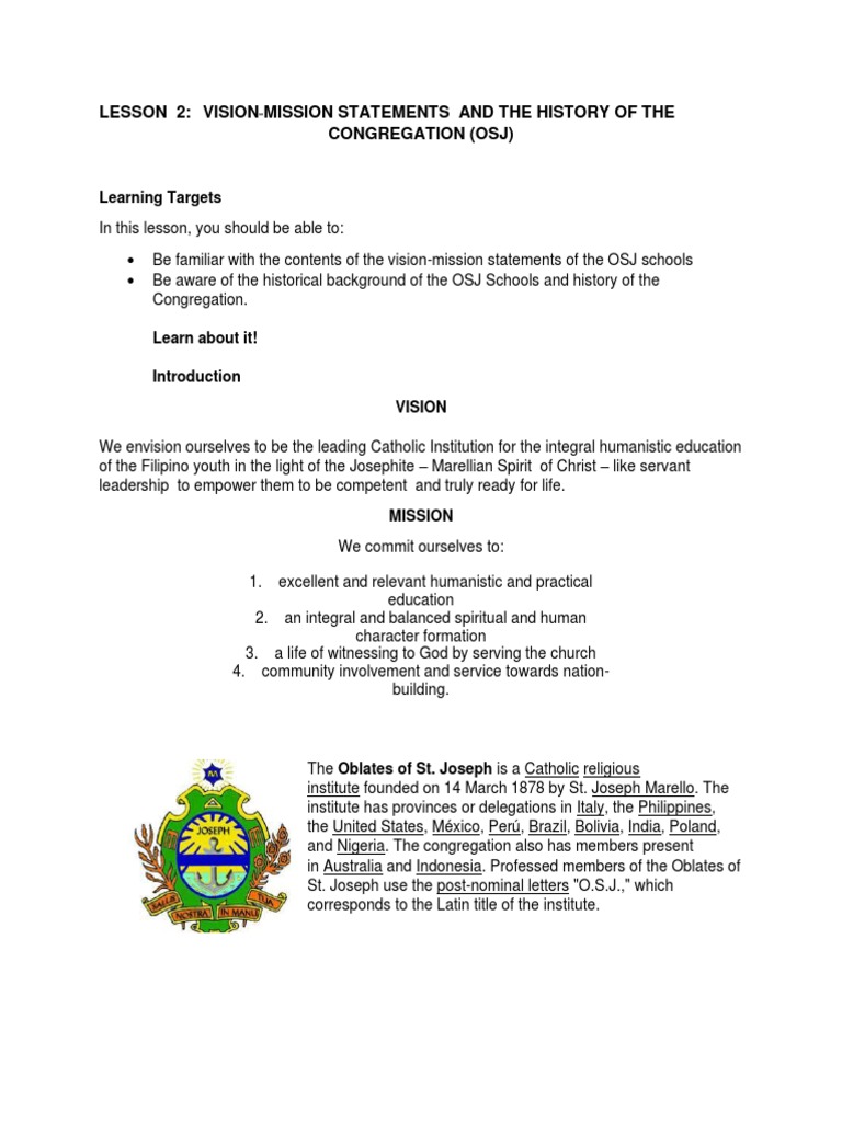 Lesson 2: Vision Mission Statements and The History of The Congregation ...