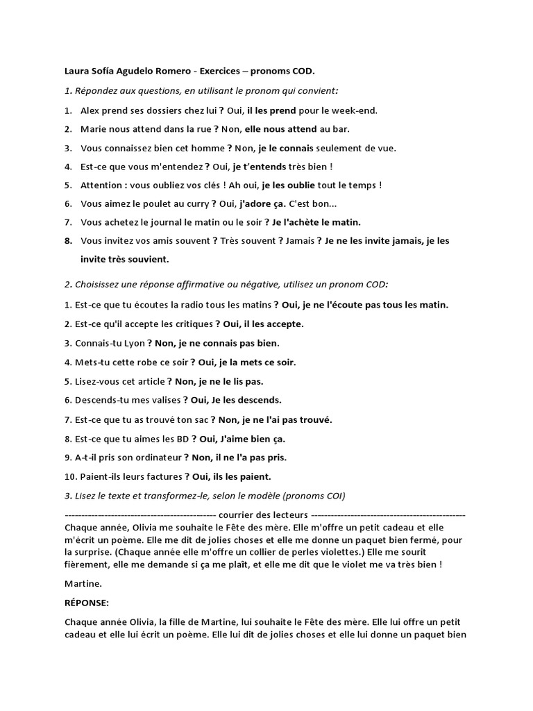 Exercices sur les pronoms COD et COI | PDF | Livres de cuisine, nourriture et vin | Arts du ...