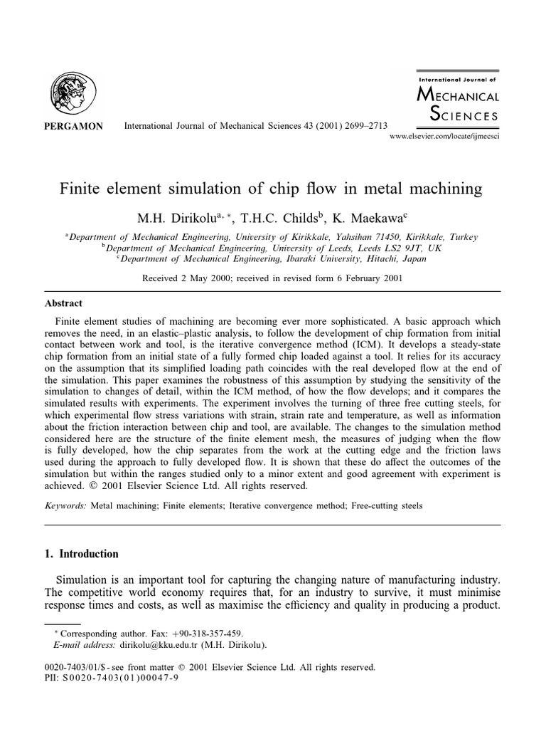 Finite Element Simulation Of Chip Flow In Metal Machining Pdf Deformation Engineering