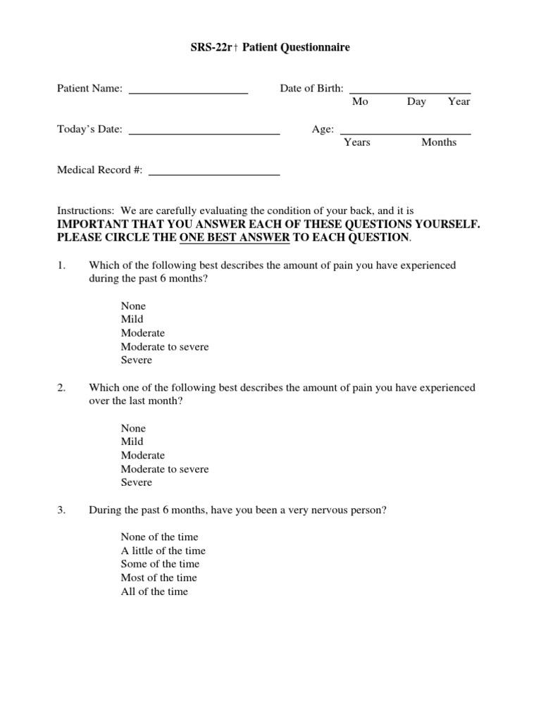 SRS-22r Patient Questionnaire | Download Free PDF | Pain | Health Care