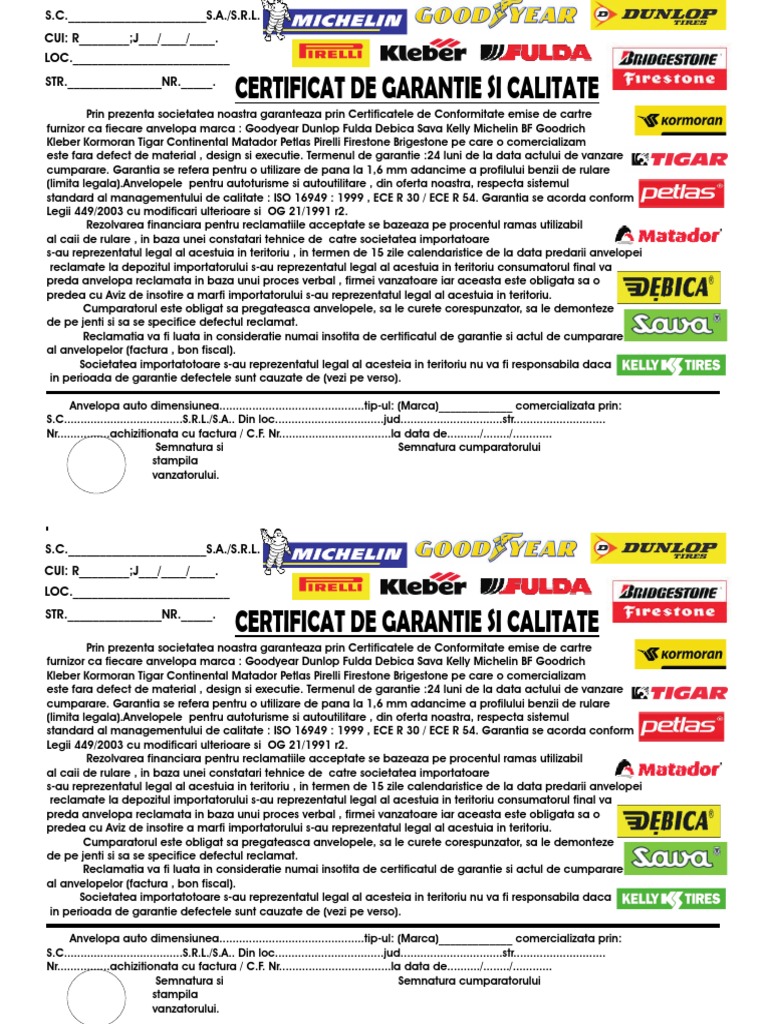 Certificat de Garantie Anvelope | PDF