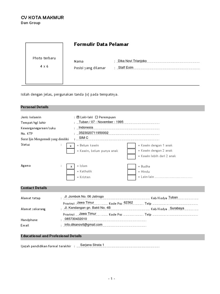 Form Data Pelamar Sudah Diisi | PDF