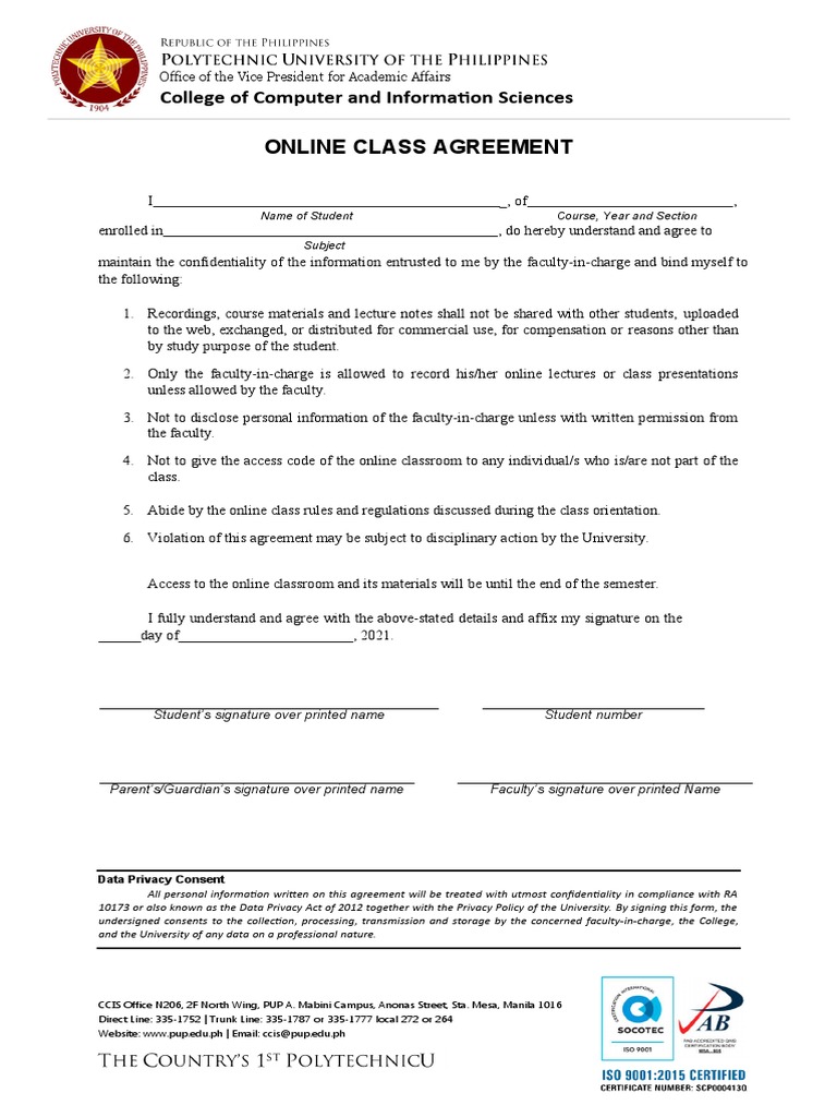 Online Class Agreement Updated2020 2021sem2 | PDF | Privacy ...