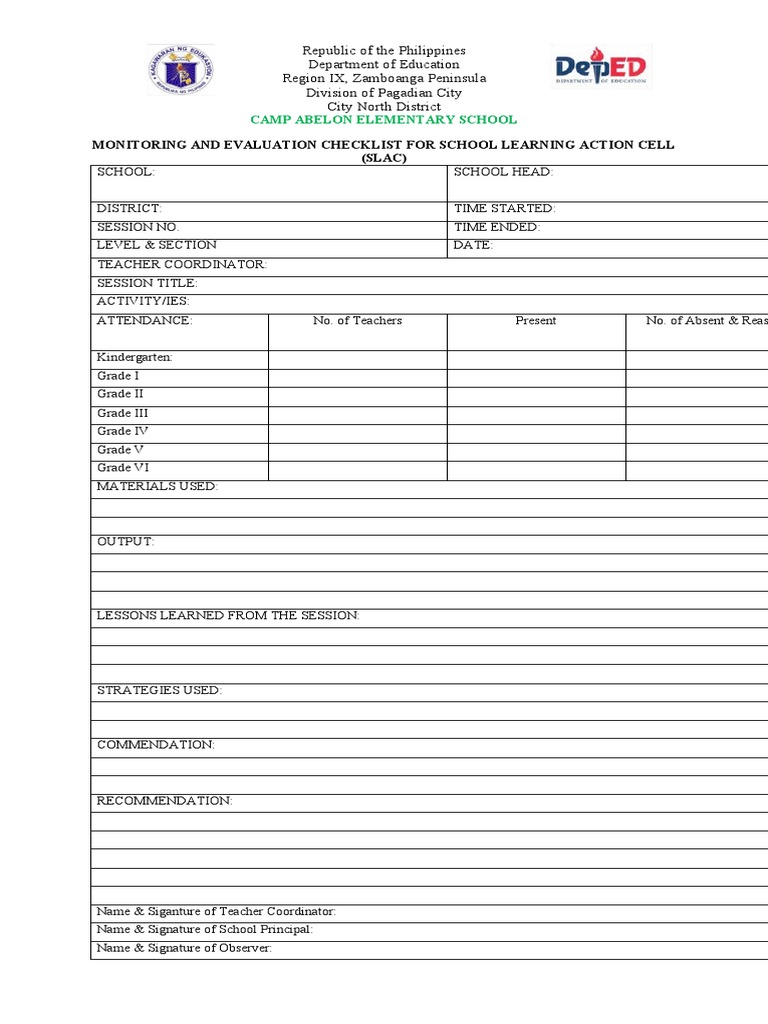 Monitoring and Evaluation Checklist For School Learning Action Cell (SLAC) | PDF