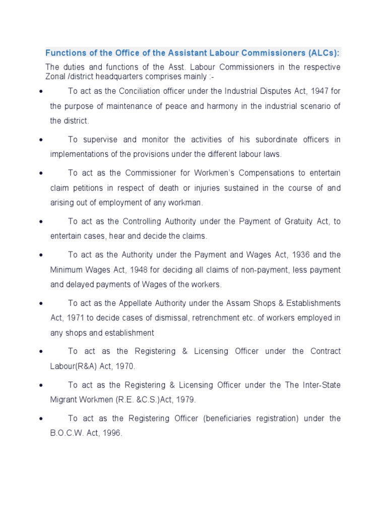 Duties of Assistant Labour Commissioners | PDF | Business Law | Crime ...
