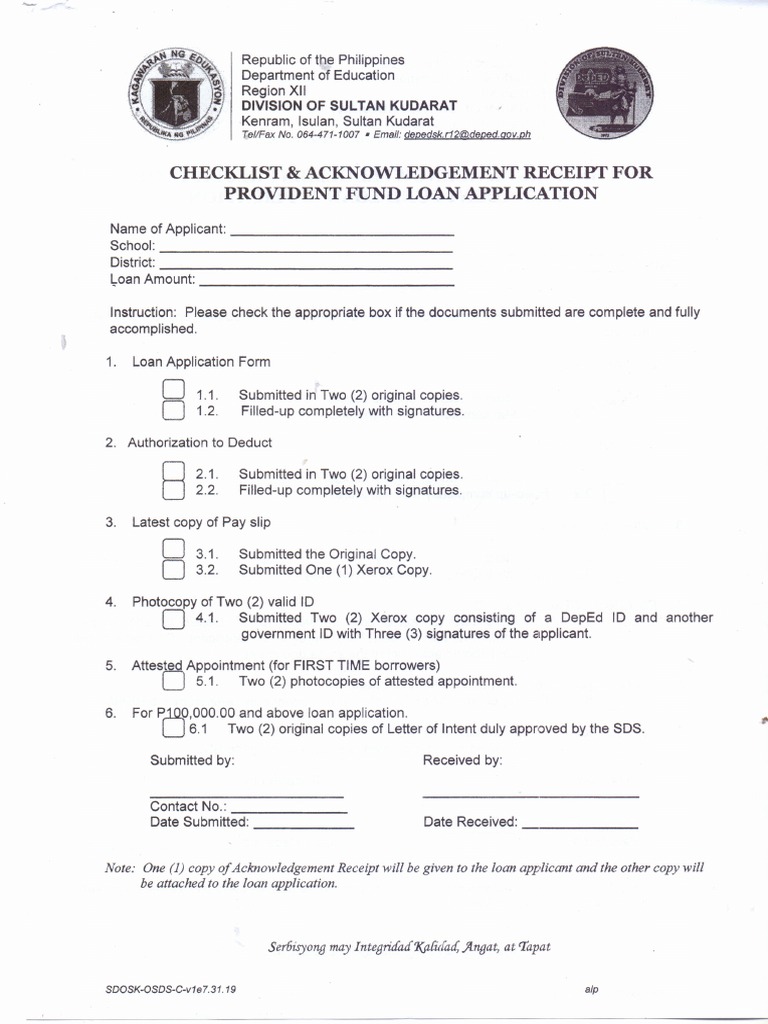 Checklist Acknowledgement Receipt For Provident Fund Loan Application ...